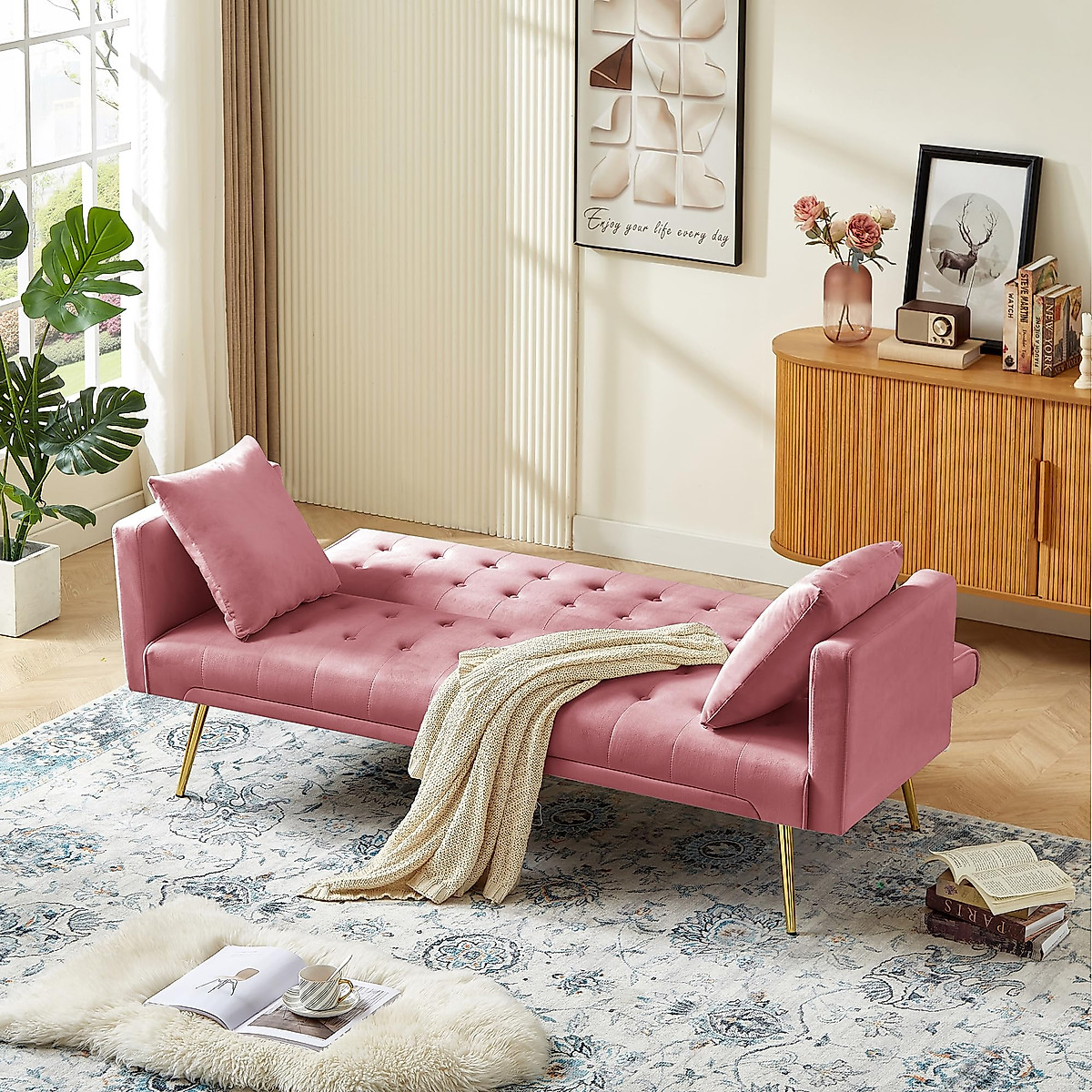 Anwick 72" Modern Velvet Sofa Bed Futon,Convertible Folding Sleeper Bed Couches with 3 Adjustable Backrests,Tufted Recliner Loveseat with Golden Chrome Legs for Small Living Room Office (Pink)