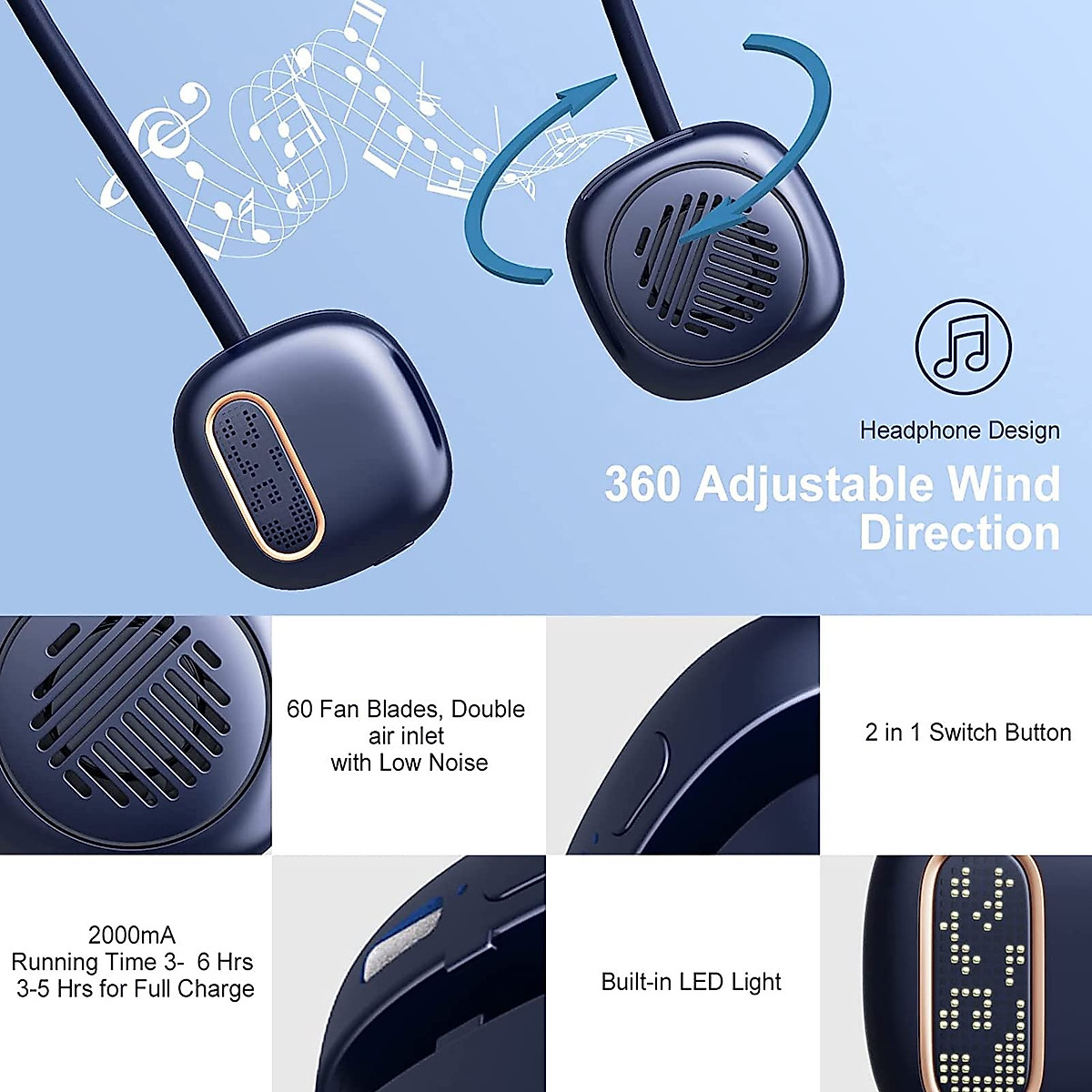 Apatner Portable Neck Fan,Foldable Bladeless Neck Cooler,Wearable Personal Fans with LED Lights,Hand Free Mini Cooling Fan, 2000mAh USB Rechargeable for Outdoor Travel Women(Blue)