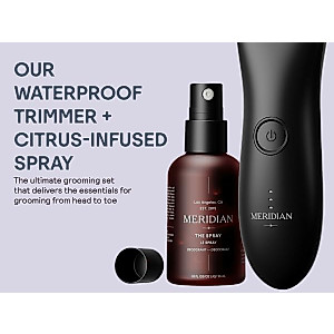 MERIDIAN - The Complete Package: Includes Men’s Waterproof Electric Below-The-Belt Trimmer and The Spray (50 mL) - Features Ceramic Blades and Sensitive Shave Tech (Onyx)