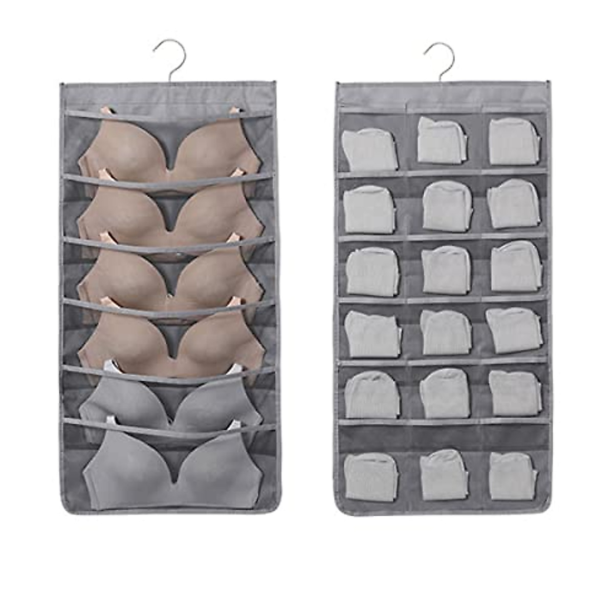 LSHDXD Closet Hanging Bra Organizer with Rotating Metal Hanger，Dual Sided Mesh Pockets Storage Bag，Hanging Wall Shelf Wardrobe Organizer for Bra Underwear Underpants Socks (6+18 Pockets)