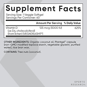 Sports Research Vegan Vitamin D3 5000IU (125 mcg) with Coconut Oil | 100% Plant-Based Vitamin D for Bone, Joint & Immune Support | Carrageenan Free, Vegan Certified & Non-GMO Verified (60 Softgels)