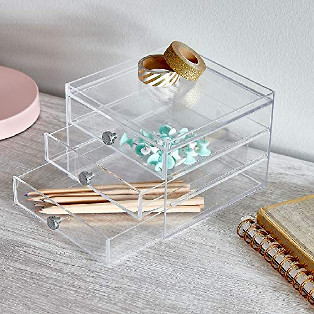 iDesign 3 Plastic Vanity, Compact Slim Storage Organization Drawers Set for Cosmetics, Dental Supplies, Hair Care, Bathroom, Dorm, Desk, Countertop, Office, 6.5" x 7" x 5"