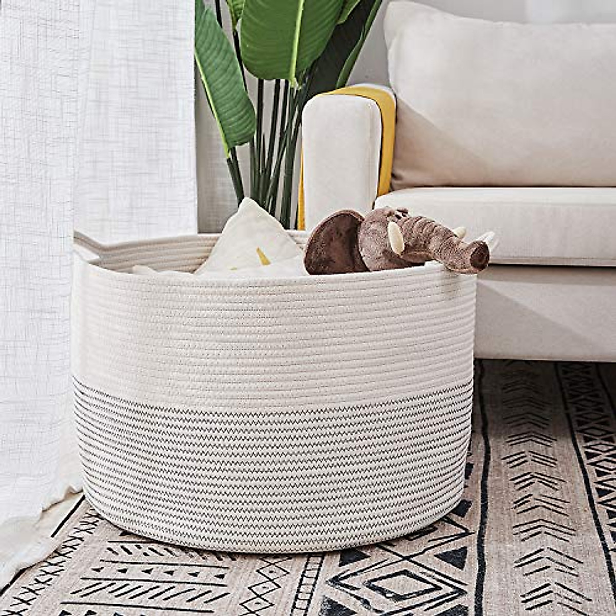 Cotton Rope Basket, 15.7 x 13.8inch Laundry Blanket Storage Basket with Easy-Carry Handles, Baby Nursery Bin for Home Décor and Organizing