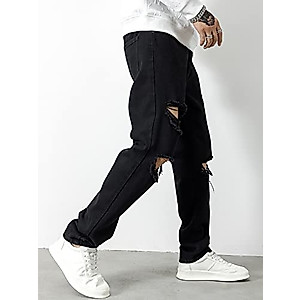 WDIRARA Men's Cut Out Ripped Frayed Zipper Fly Long Straight Leg Denim Jeans Black Solid XL