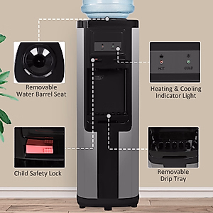 E-Macht Top Loading Water Cooler Dispenser for 3 & 5 Gallon Water Bottles, Hot & Cold Water, Child Safety Lock, Stainless Steel, ETL Approved, Black