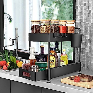 Under Sink Organizer, 2 Tier Bathroom Organizer Under Sink with Hooks, Hanging Cup, Under Kitchen Sink Organizer and Storage, Under Sink Slide-out Drawer Organizer Black