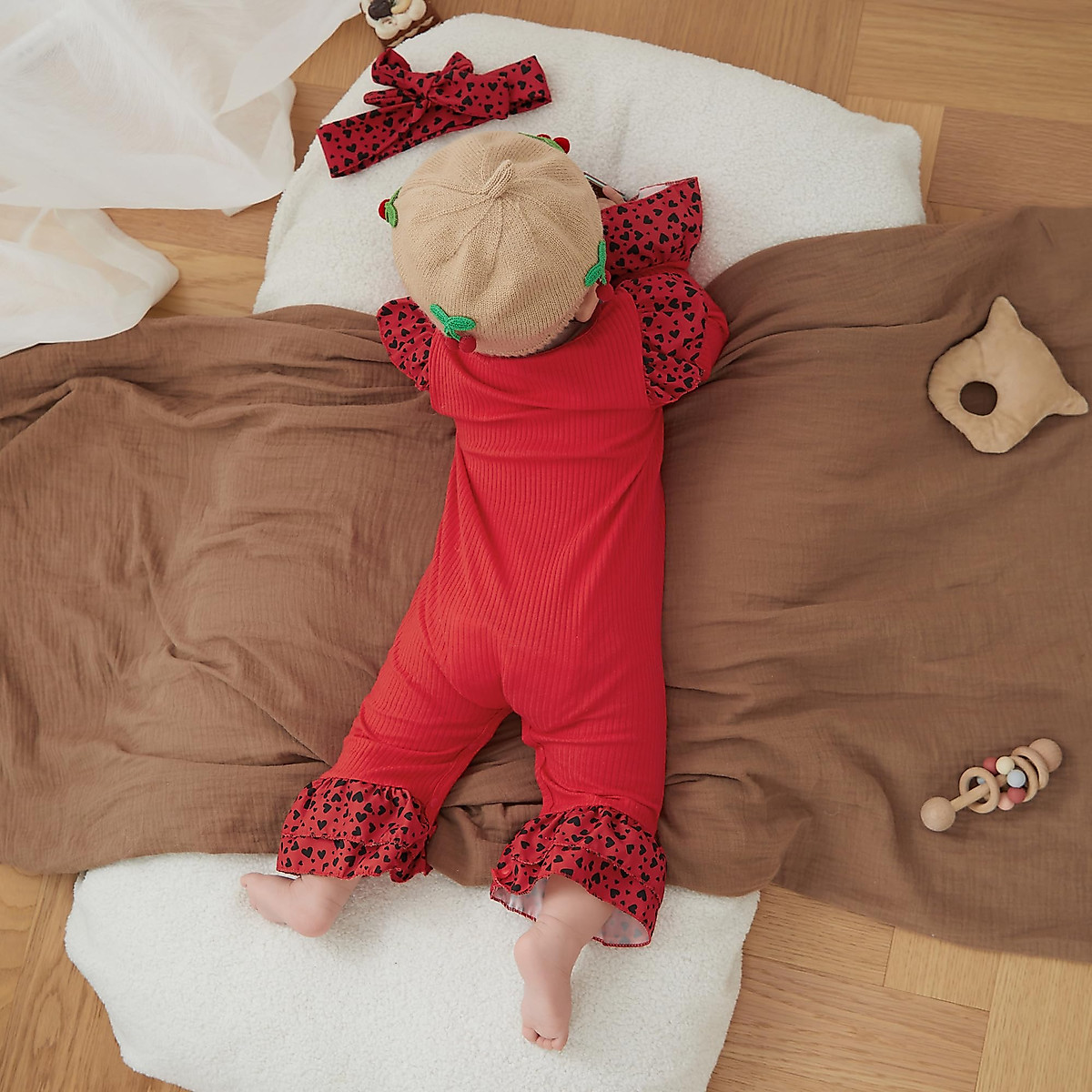 Emmababy Valentines Day Outfit Baby Girl Flared Jumpsuit Heart Print Ruffle Romper Long Sleeve Playsuit Bodysuit Headbands (red, 0-3 Months)