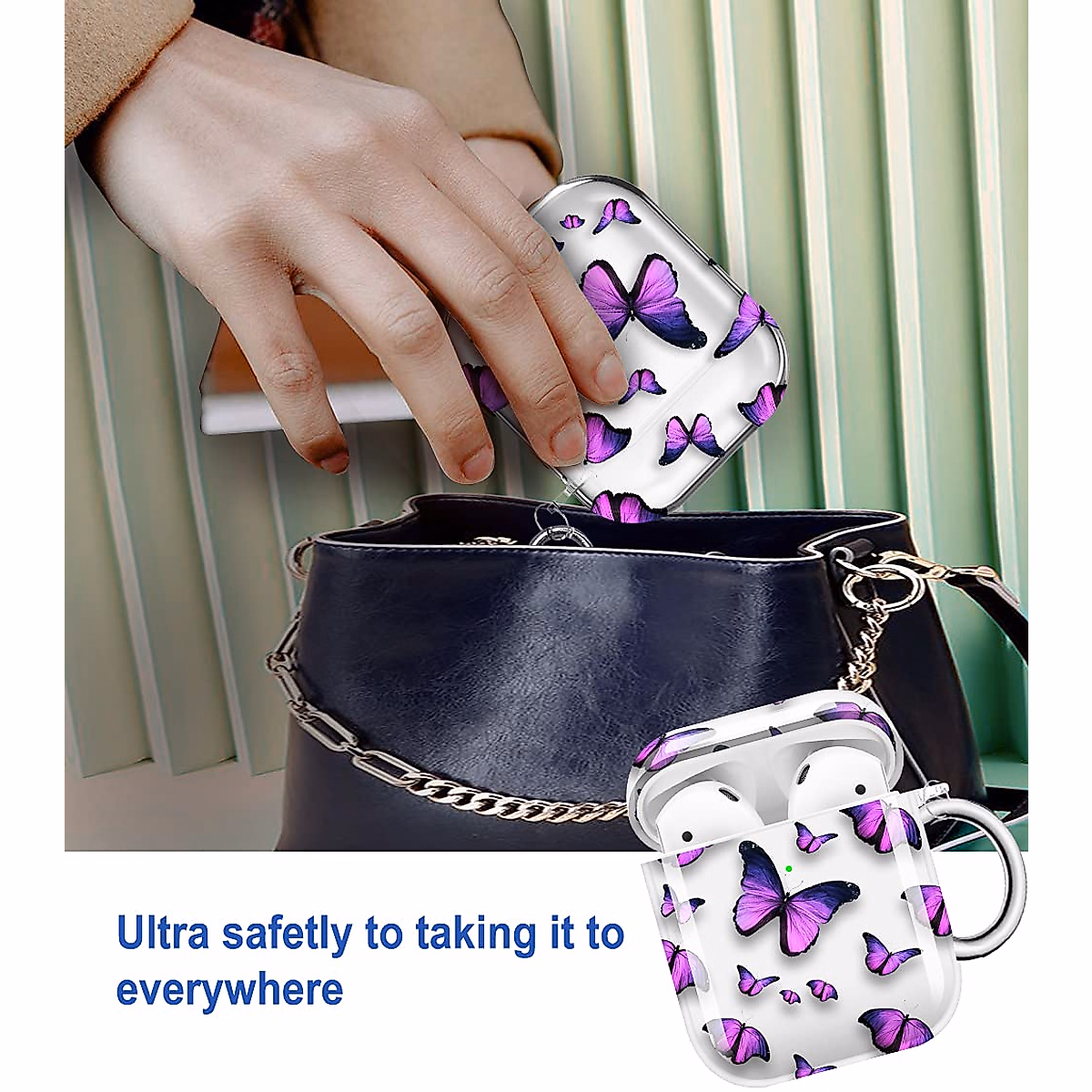 Maxjoy for AirPods Case Cover, Clear AirPod Case for Women Girly Cute Soft Protective Transparent iPod Case with Keychain Clip for AirPods 2nd 1st Generation Charging Case 2&1, Purple Butterfly