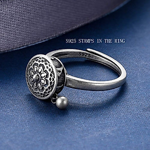 LOVECOM 100% Real 925 Sterling Silver Fidget Rotating Rings for Women Men Buddhist Tibetan Prayer Wheel Spinner Finger Ring Good Luck Lady Bands Relieving Stress Father's Day Gifts from Daughter