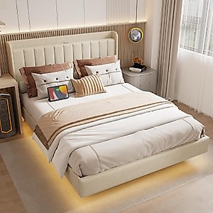 Saudism Queen Size Upholstered Bed Frame, Floating Bed Frame with Wingback Storage Headboard, Type-C & USB Ports, LED Lights, Solid Wood Slats Support, No Box Spring Needed, Noise-Free, Beige