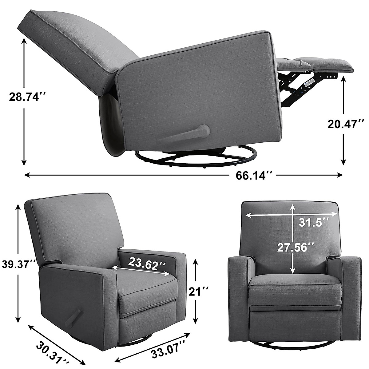EASELAND 360 Swivel Recliner Chair, Comfy Upholstered Nursery Glider Rocking Recliner Chair, Single Gider Rocker Sofa Chair with Lumbar Support for Living Room, Bedroom (Dark Grey)