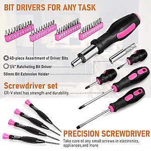 THINKWORK Pink Tool Set - 207 Piece Lady's Portable Home Repairing Tool Kit with 13'' Wide Mouth Open Storage Tool Bag, Perfect for DIY, Home Maintenance - Christmas Gift for Women, LHTS-034