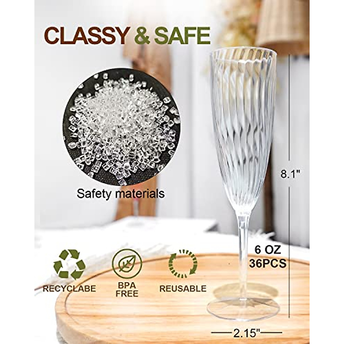 Walee Koky Plastic Champagne Flutes, 36 PCS Clear Disposable Wine Glasses Reusable Plastic Cocktail Cups for Home Daily Life Party Birthday Wedding Toasting Drinking Champagne(6 oz)