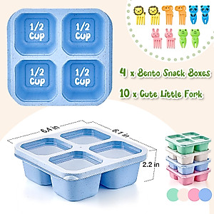 Bento Snack Boxes 4 Pack, Reusable Bento Boxes Kids Adults with 4 Compartments & Fork, Lunch Snack Containers, Wheat Straw Meal Prep Lunch Box, Divided Food Storage Containers for School Work Travel