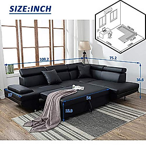 FDW Sofa Sectional futon Sofa Bed Sofa for Living Room Couches and Sleeper Sofa PU Leather Sofa Set Corner Modern Queen 2 Piece Contemporary Upholstered，Black