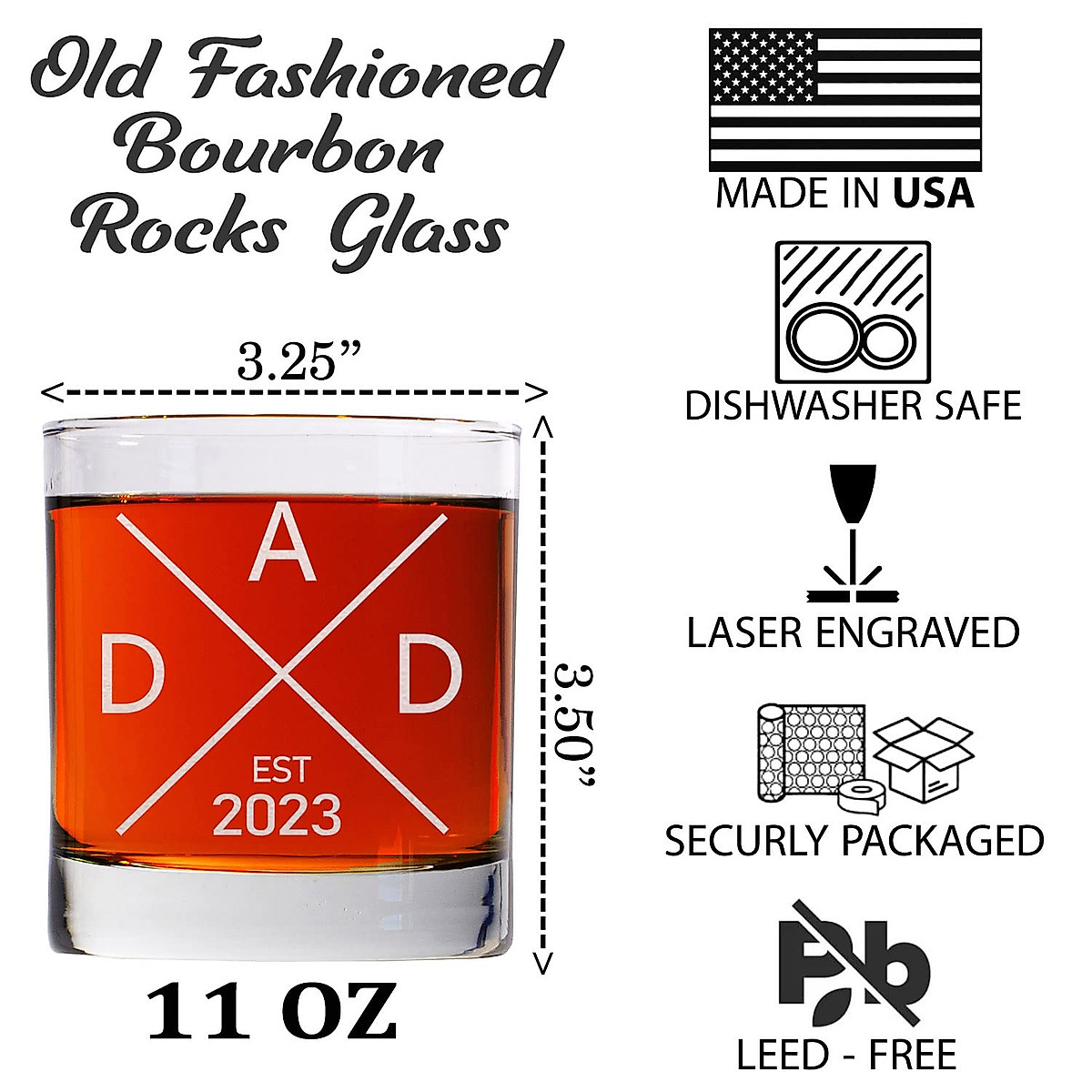 CARVELITA Dad Est 2023 Whiskey Glass - Pregnancy Announcements For Dad - 11oz Old Fashioned Bourbon Rocks Glass For Expecting Father - Dad To Be Gifts - Funny New Dad Gifts - First Time Dad Gifts