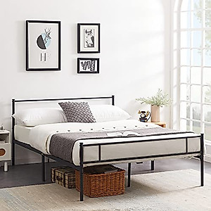 VECELO Queen Size Metal Platform Bed Frame with Headboard and Footboard, 12'' Under-Bed Storage & Strong Slats Support, No Box Spring Needed