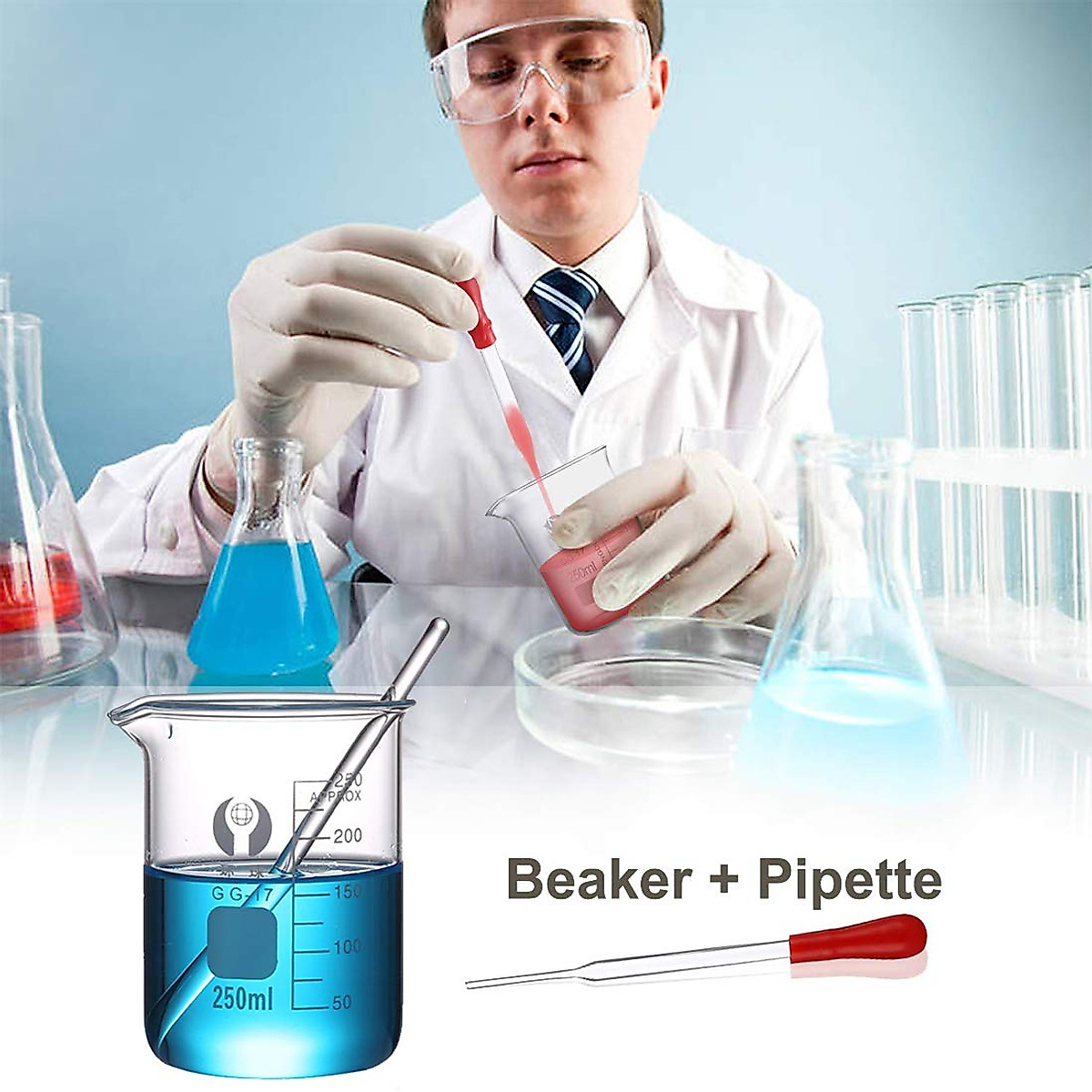 Glass Beakers Set, ZEEROQOLAB 5pcs Measuring Pyrex Beaker 1000ml 500ml 250ml 100ml 50ml with 2pcs Cleaning Brush, 3pcs Droppers and 2pcs Glass Stirring Rods