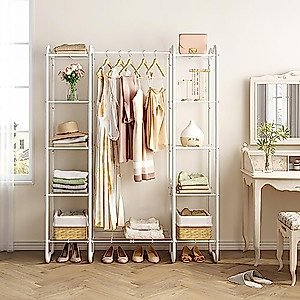 Gewudraw Wardrobe Closet with 8 Metal Shelves, Freestanding Garment Rack, Heavy Duty Clothing Rack For Hanging Clothes, Portable Clothes Rack, Closet Organizer White