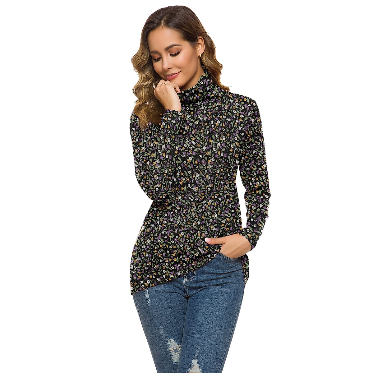 Women's Turtleneck Long Sleeve Fall Shirts Casual Slim Fit Basic Tops Layer Winter Warm Thermal Layering Tee Floral