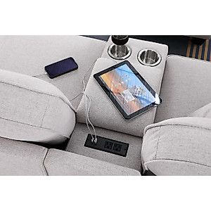 WOODRK Upholstered Sectional Sofa Set with Ottoman and Mobile Armless Chairs, Linen Couch with 2 Cup Holders, USB Ports and Storage Space, for Living Room, Apartment, Light Gray