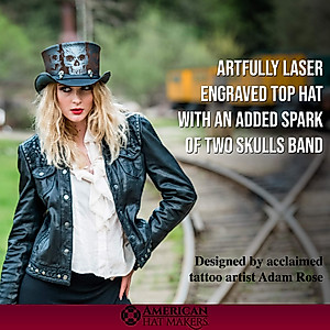 American Hat Makers Silver Skull Top Hat - Laser Engraved - Top Grain Black Leather Hat, Large