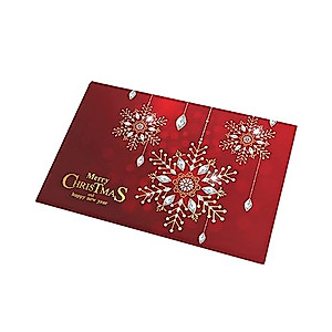 Indoor Doormat Merry Christmas Snowflake Glow Diamonds,Shaggy Floor Mat with Non-Skid Backing Dots Shadow Red Back,Machine Washable Plush Area Rug Carpets for Kitchen Nursery Bedroom