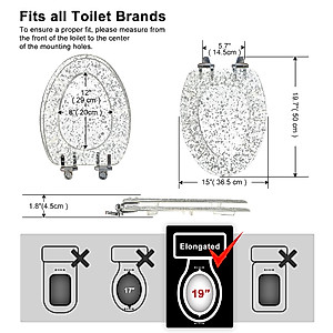 Resin Toilet Seat Elongated Soft Close Quick Release Heavy Duty Toilet Seats with Glitter Cover Acrylic Seats Silver Foil 19 Inch