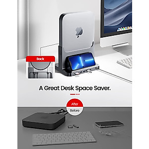 VAYDEER Mac Mini Stand Space Gray ABS Plastic Dock for Mac Mini, 8-in-1 Dock Station Holder with Power Adapter, USB 3.0 Ports/USB Hub for Data Transfer TF/SD Card Reader HDD/SSD Slot Audio Jack