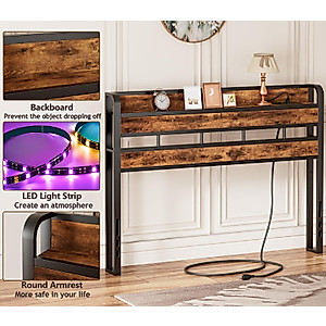 Furnulem Queen Headboard with Storage Shelf,Headboards with RGB LED Light,USB Port and Charging Station,Sturdy Metal Frame & Wood Shelf, Adjustable Height