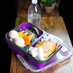 Creekview Home Emporium Collapsible Food Container - Purple Bento Lunch Box with 3 Compartments and Silverware in Lid