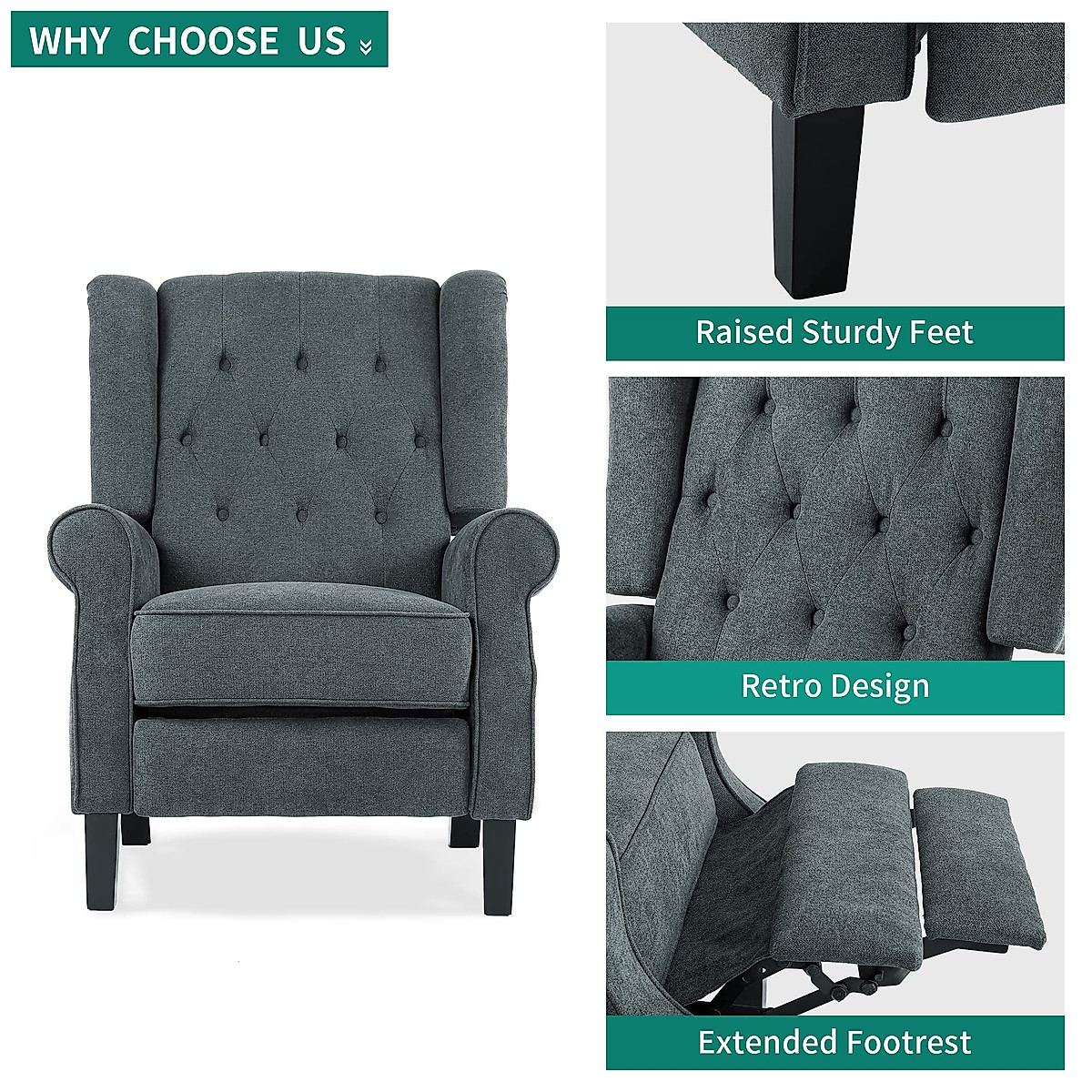 YITAHOME Wingback Recliner Chair, Push Back Recliner with High Back, Upholstered Tufted Accent Lounge Armchair Single Sofa Adjustable for Living Room, Grey