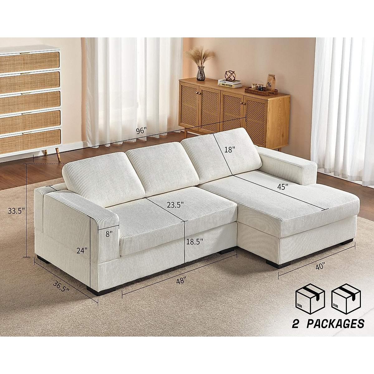 AMERLIFE 96 inch Oversized Sectional Sofa, Modern Couch with Chaise, Comfy Sofa Couch with Right Chaise, White Corduroy Sofa