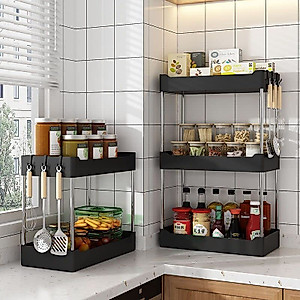 3 Tier Under Sink Organizers and Storage, Kitchen Bathroom Cabinet Organizer with Hooks,Cabinet Basket Storage Shelf,White