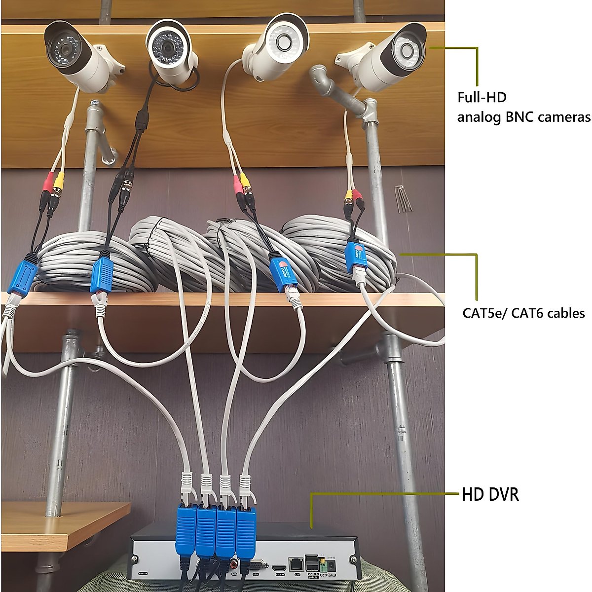 Igreeman 4 Pair Passive Video Balun BNC to RJ45 Adapter with Power, 1080P-8MP Surveillance Analog Camera Ethernet Cable Transceiver, Cat5e/Cat6 Cable to BNC Male Connector