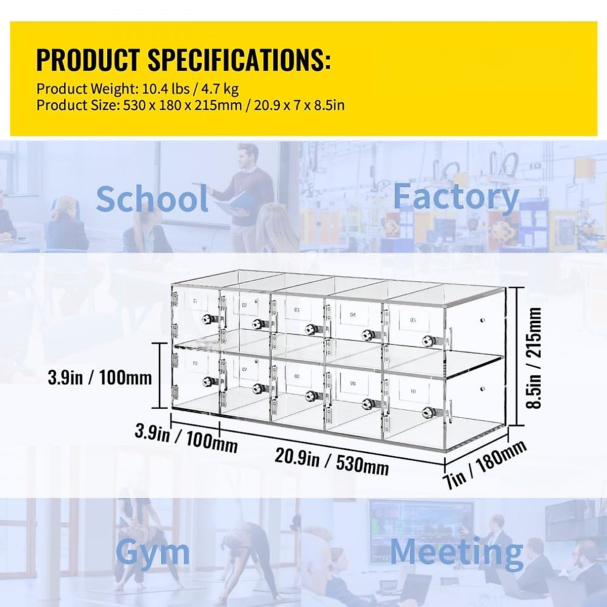 WACTO Acrylic Wall-Mounted Cell Phone Storage Locker with 10 Slots, Door Locks and Keys - Ideal for Office, Classroom, Gym - Clear