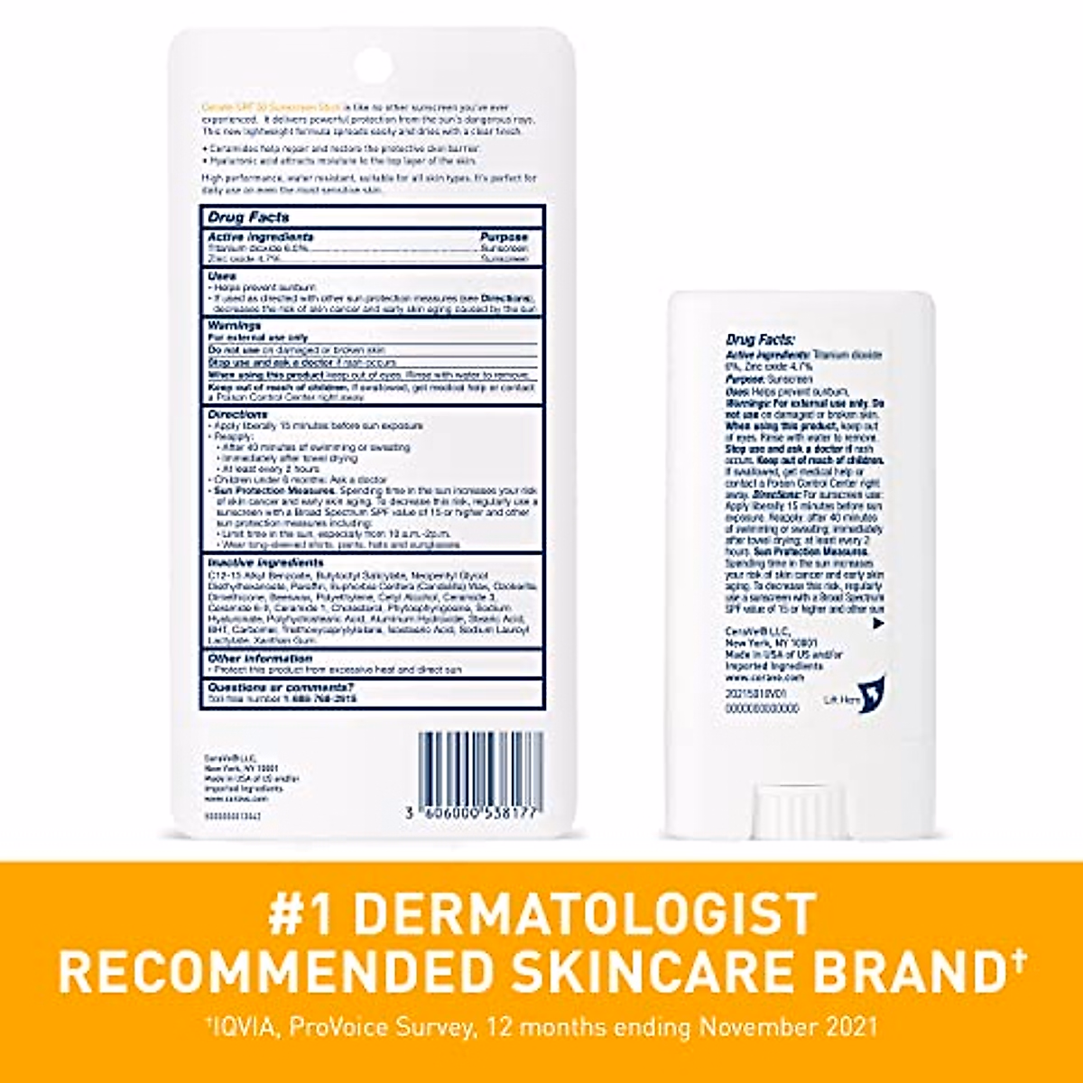 CeraVe Mineral Sunscreen Stick for Kids & Adults | 100% Mineral Sunscreen, Zinc Oxide & Titanium Dioxide with Hyaluronic Acid and Ceramides | Broad Spectrum SPF 50 | Fragrance Free | 0.47 Ounce