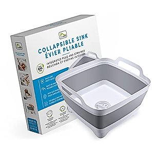 Home Spirit Collapsible Sink, Portable Dish Pan, Wash Basin Tub for Dish, Fruits, Vegetables, Textiles, Cloths, Beverages, Integrated Handle, Plug and Strainer, 9L Capacity