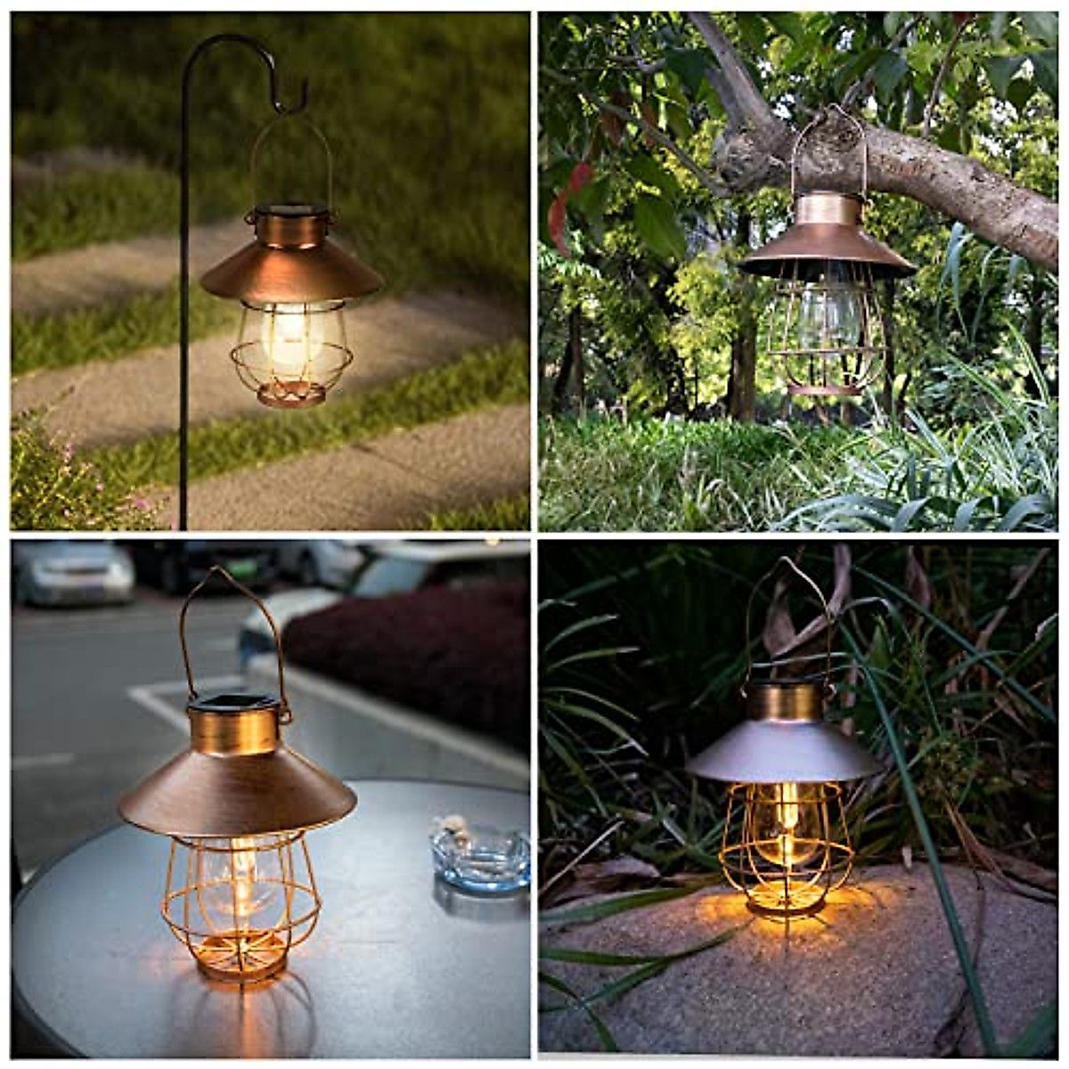 Solar Light Outdoor, 2 Pack Retro Metal Wireless Hanging Solar Lanterns with Warm White Edison Bulb Waterproof for Gazebo Garden Yard Farmhouse Decor (Bronze)