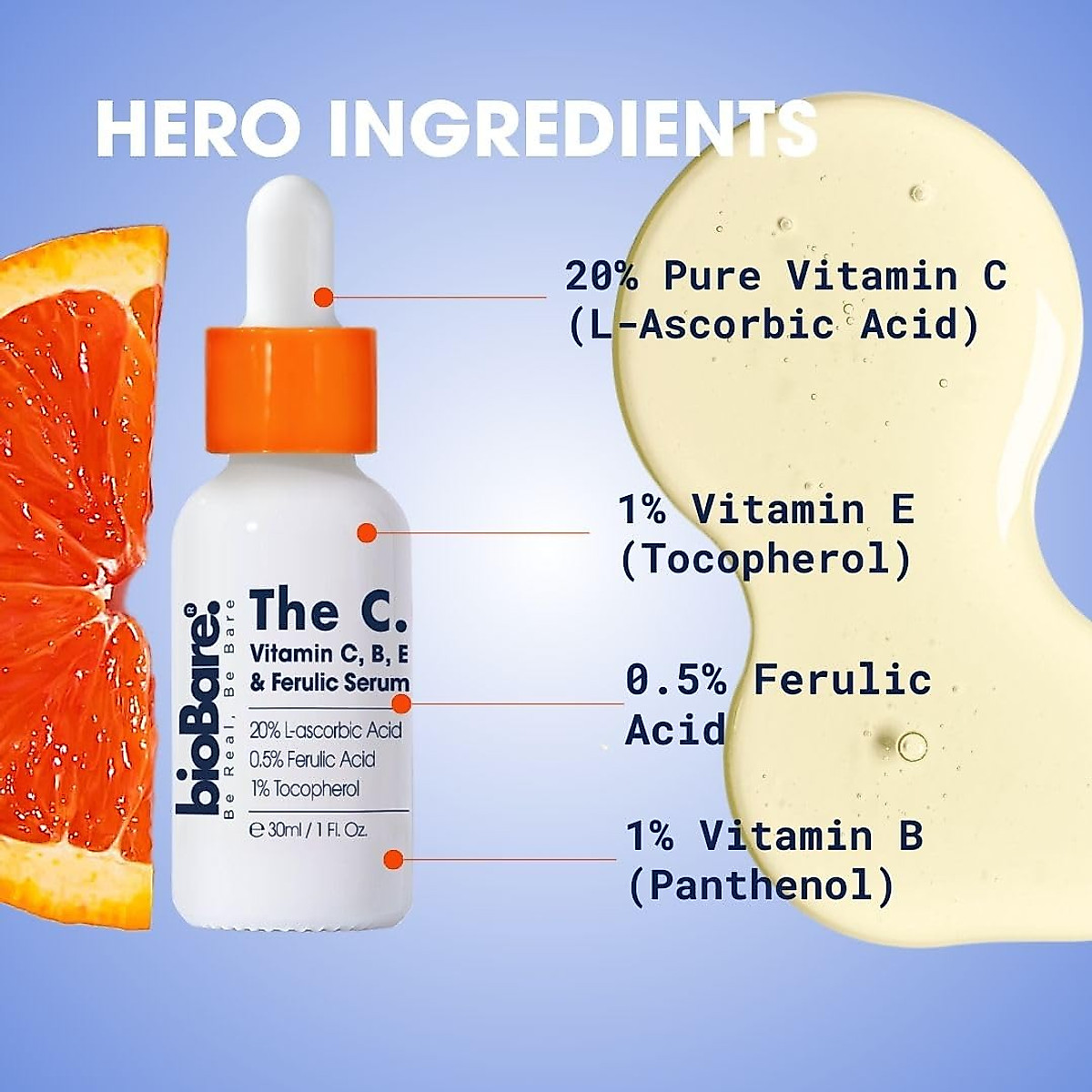 Vitamin C B E, and Ferulic Serum For Face By BioBare | 20% Pure Vitamin C W/Hyaluronic Acid | Helps Keep Skin Young, Moist, Bright & Glowing | Helps With Fine Lines, Wrinkles, Dark Spots | 1Fl Oz