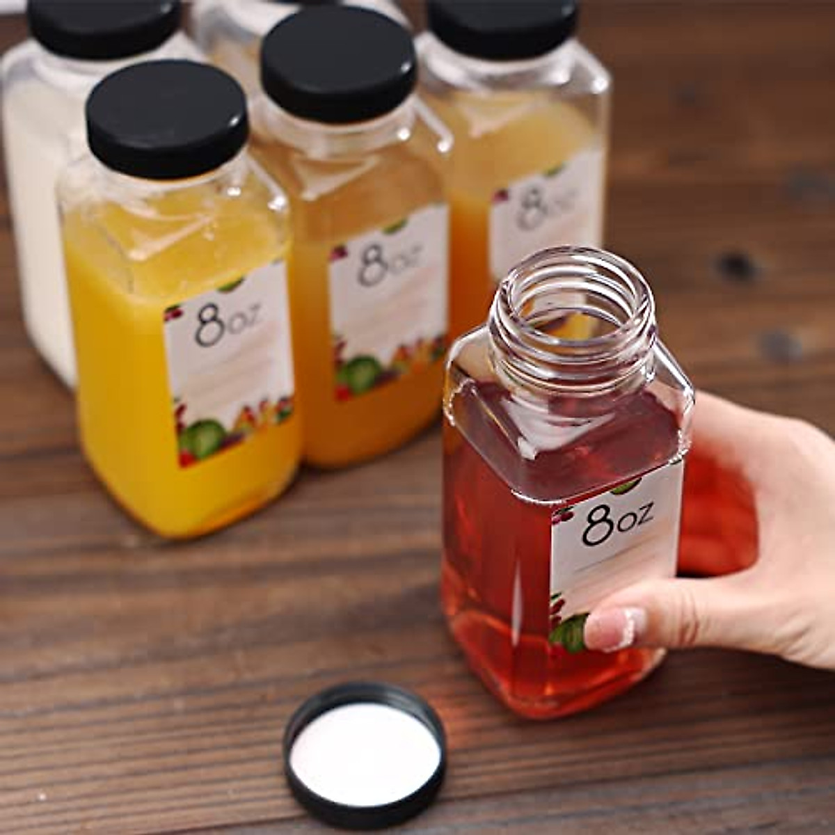 MIUKAA 30-Pack 8 oz Clear Glass Bottles with Airtight Caps, Reusable 8 oz Juicing Bottles with Black Lids, Drink Water Container Jars, Dishwash Safe