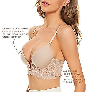 Women's Plunge Deep V Low Cut Lace Push Up Bra Underwire Convertible Low Back Bra Khaki