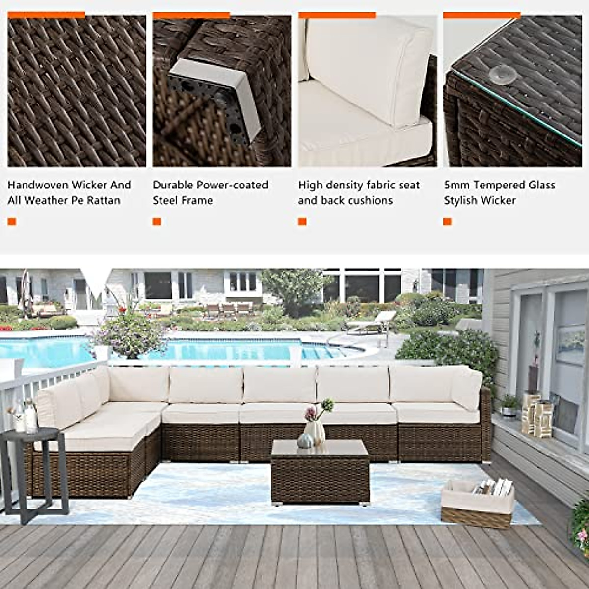 HOMPUS 8-Piece Outdoor Handwoven PE Rattan Wicker L-Shaped Corner Conversation Set Furniture Brown Patio Sectional Sofa Set w Beige Seat Cushions, Glass Coffee Table for Garden,Backyard,Pool