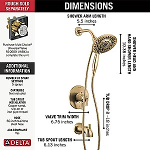 Delta Faucet Saylor 17 Series Gold Tub and Shower Faucet Combo with In2ition 2-in-1 Shower Head with Handheld Spray, Bathtub Faucet Set, Tub Faucet, Champagne Bronze T17435-CZ-I (Valve Not Included)