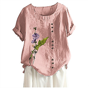 wodceeke Women's Flowers Printed Cotton and Linen T-shirt Short Sleeve Round Neck Button Tee Casual Loose Tops (Pink, XL)