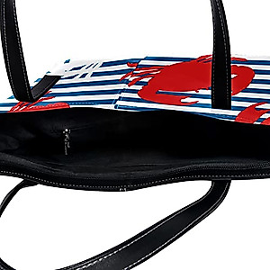 Tote Shoulder Bag for Women, Large Leather Handbags for Travel Work Beach Outdoors Red White Crab Blue Stripes