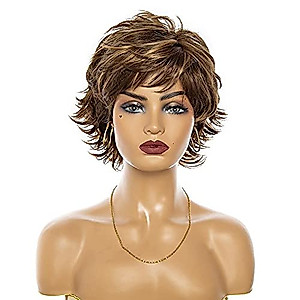 SENHORAS Short Hair Wigs for White Women Dark Brown Mixed Blonde Pixie Cut Wig with Bangs Brown with Highlights Wavy Synthetic Wig Natural Real Hair