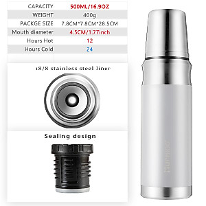 Murmioo travel vacuum flask，stainless steel insulated bottle, built-in cap cup, cold for 24 hours, heat for 12 hours, BPA Free leak proof, sweat free 17oz/500ml Gray