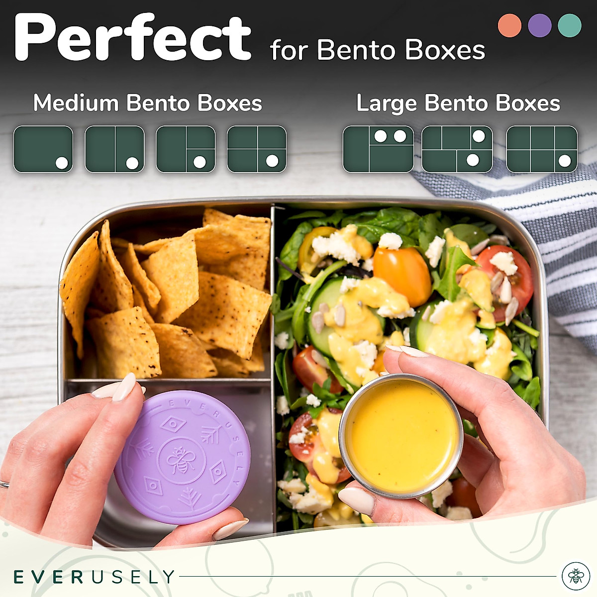 Everusely 3 x 1.7oz Leakproof Salad Dressing Container To Go, Stainless Steel Small Condiment Containers with Lids, Sauce Containers For Lunch Box, Dressing Cups with Lids, Dip Containers, Sauce Cups