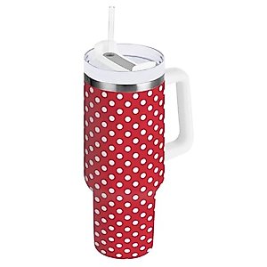 ZZXXB White and Red Polka Dot Insulated Stainless Steel Water Bottle with Handle and Straw Lid Double Walled Travel Mug 40 oz